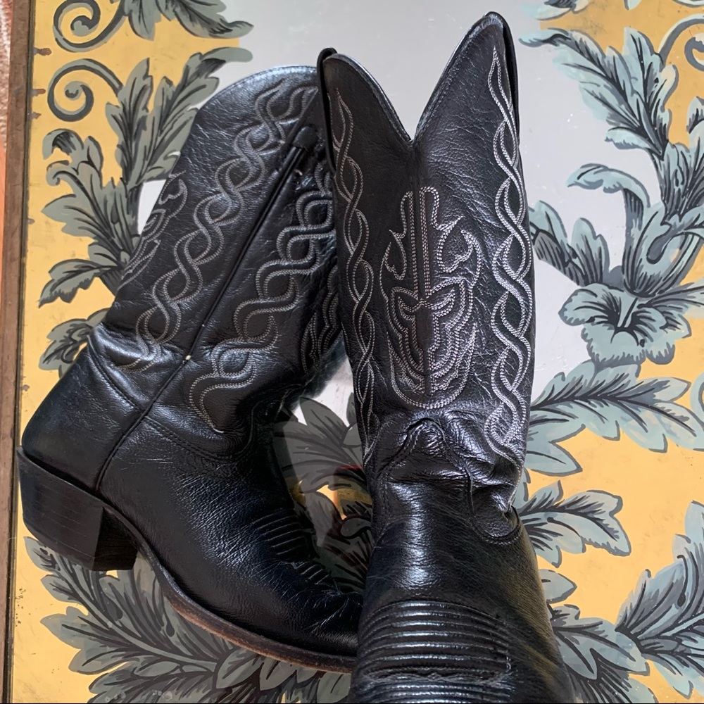 J Chisholm Black Leather Cowgirl Boots - Gem